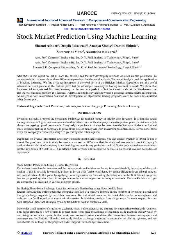 (PDF) Stock Market Prediction Using Machine Learning