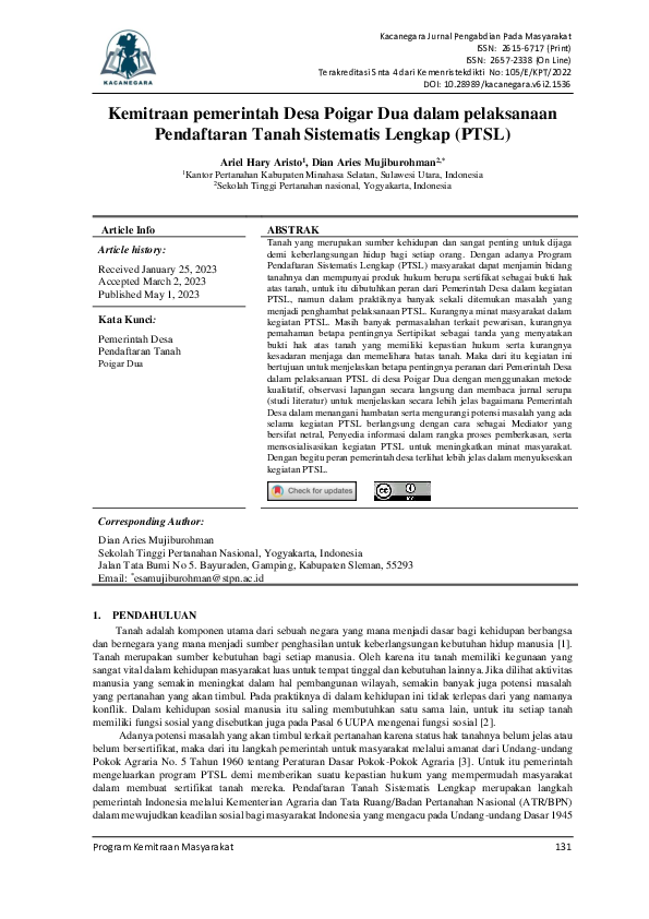 Kemitraan pemerintah Desa Poigar Dua dalam pelaksanaan Pendaftaran Tanah Sistematis Lengkap (PTSL)