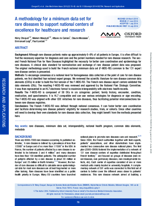 (PDF) A methodology for a minimum data set for rare diseases to support ...