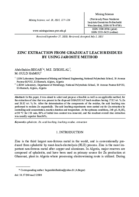 (PDF) Zinc extraction from ghazouat leach residues by using jarosite method