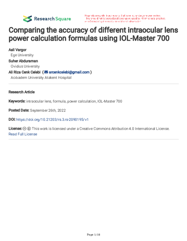 (PDF) Comparing the accuracy of different intraocular lens power calculation formulas using IOL ...