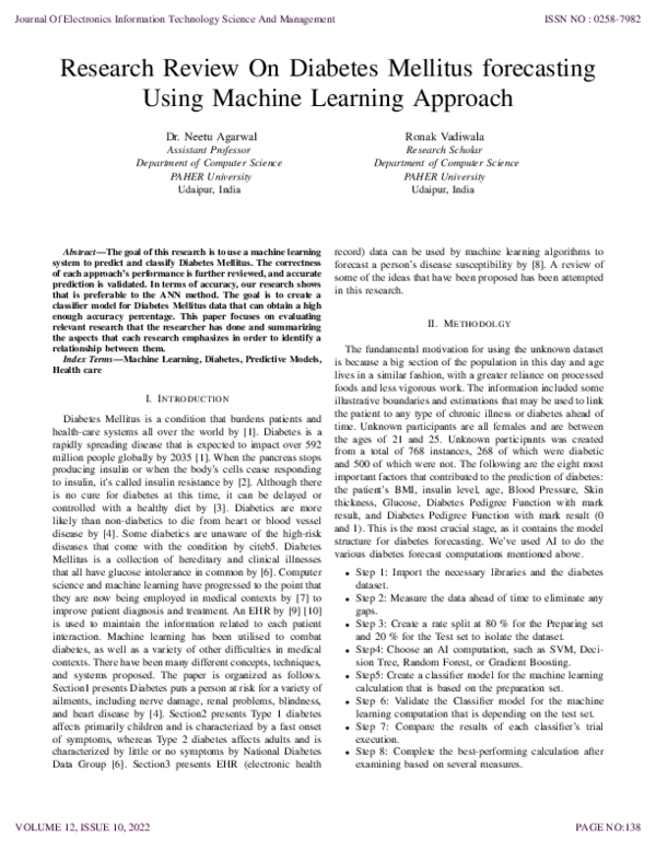 (PDF) Research Review On Diabetes Mellitus forecasting Using Machine ...