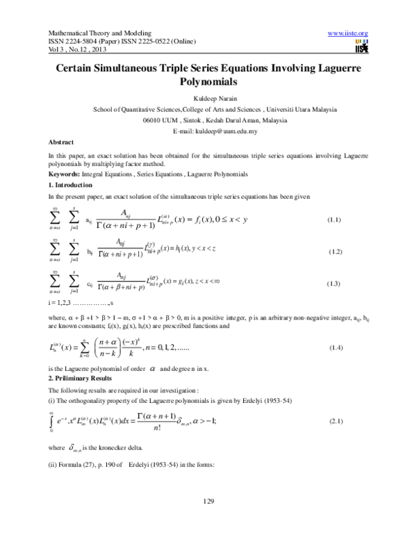 (PDF) Certain Simultaneous Triple Series Equations Involving Laguerre Polynomials