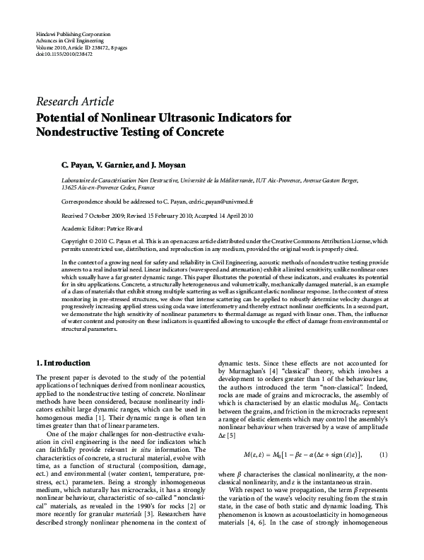 Pdf Potential Of Nonlinear Ultrasonic Indicators For Nondestructive Testing Of Concrete