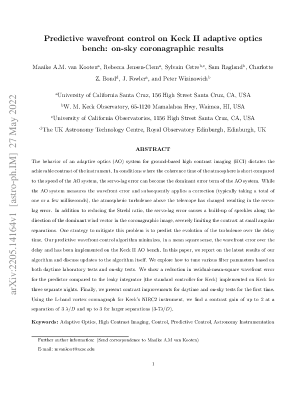 (PDF) Predictive wavefront control on Keck II adaptive optics bench: on ...