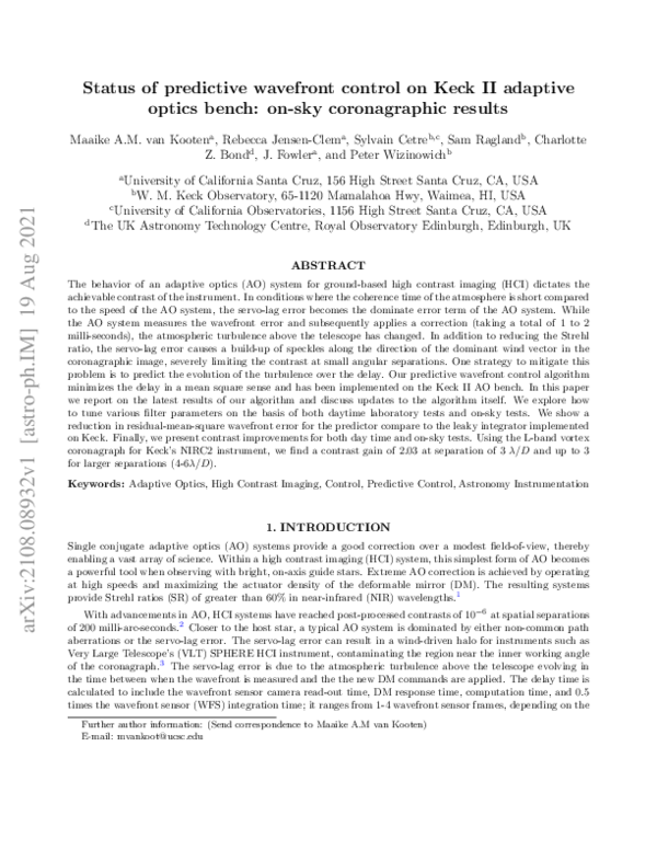 (PDF) Status of predictive wavefront control on Keck II adaptive optics bench: on-sky ...