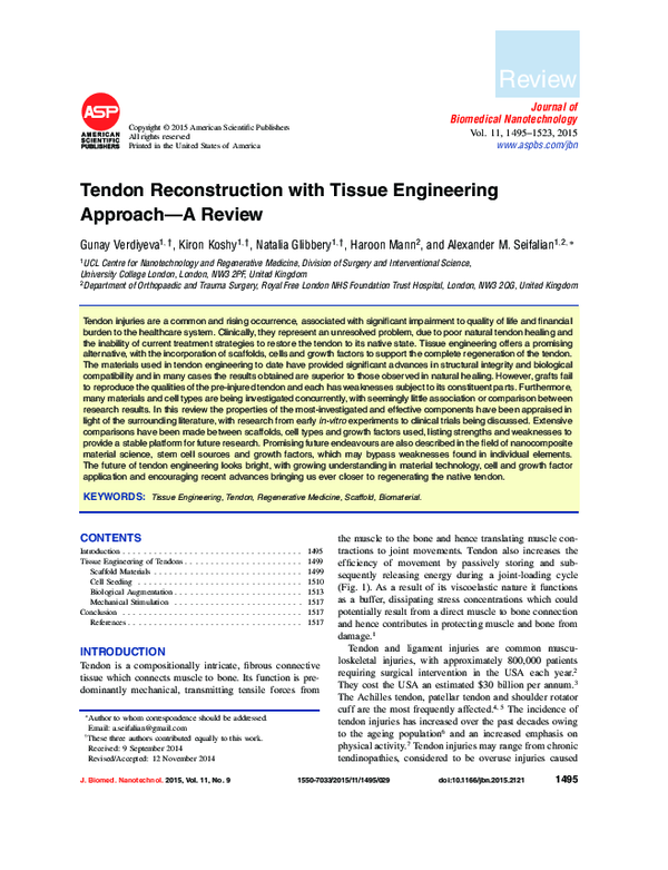 (PDF) Tendon Reconstruction with Tissue Engineering Approach—A Review