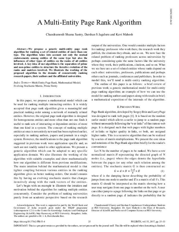 (PDF) A Multi-Entity Page Rank Algorithm