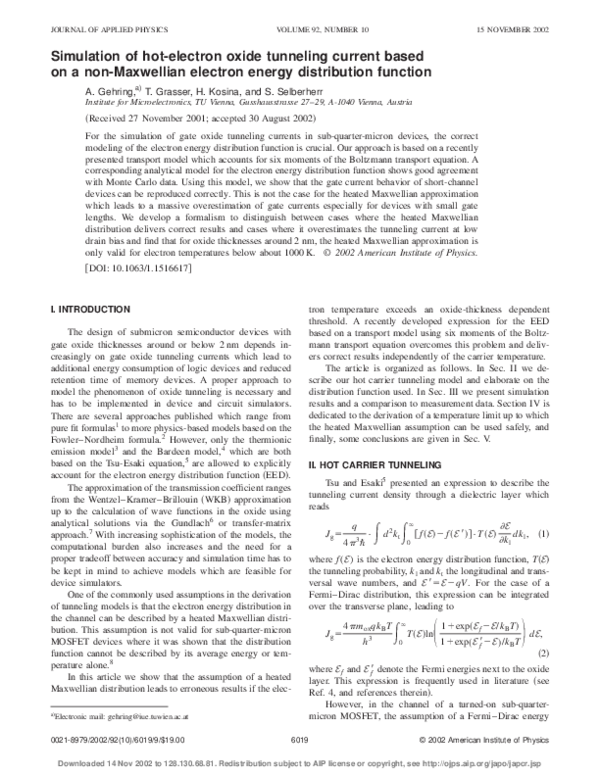 Pdf Simulation Of Hot Electron Oxide Tunneling Current Based On A Non