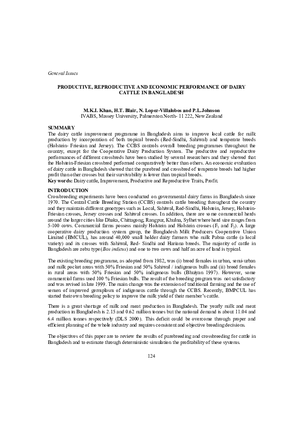 (PDF) Productive, reproductive and economic performance of dairy cattle in Bangladesh
