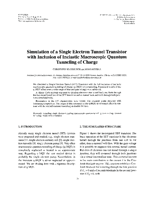 (PDF) Simulation of a Single Electron Tunnel Transistor with Inclusion of Inelastic Macroscopic ...