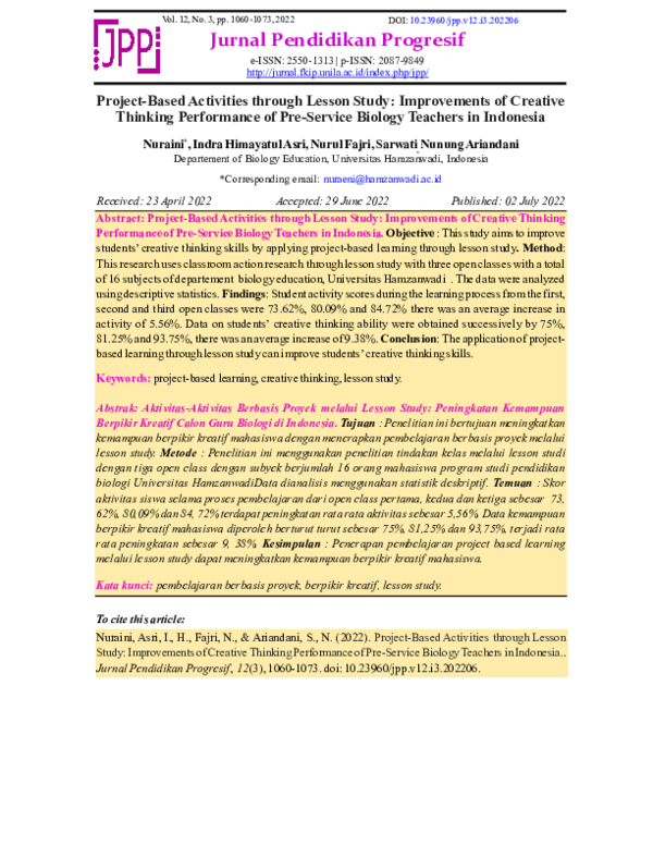 (PDF) Project-Based Activities through Lesson Study: Improvements of Creative Thinking ...