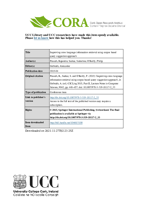 (PDF) Improving Cross Language Information Retrieval Using Corpus Based Query Suggestion Approach