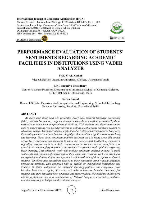 (PDF) PERFORMANCE EVALUATION OF STUDENTS’ SENTIMENTS REGARDING ACADEMIC ...