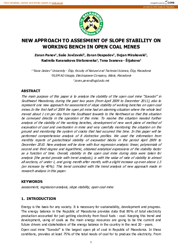 (PDF) New Approach to Assesment of Slope Stability on Working Bench in Open Coal Mines