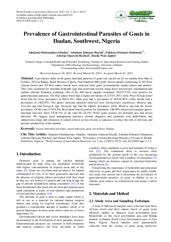 (PDF) Gastrointestinal parasites in sheep and goats of southeastern Nigeria