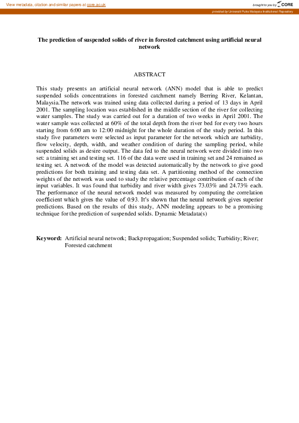 (PDF) The prediction of suspended solids of river in forested catchment using artificial neural ...