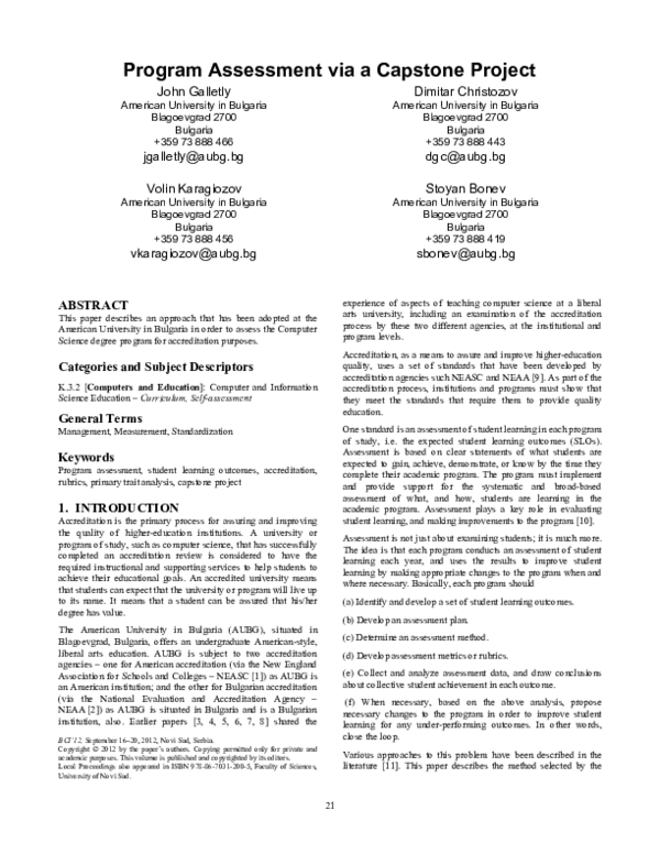 (PDF) Program Assessment via a Capstone Project | Dimitar Christozov ...
