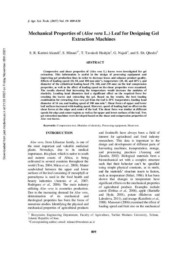 (PDF) Mechanical Properties of (Aloe vera L.) Leaf for Designing Gel ...