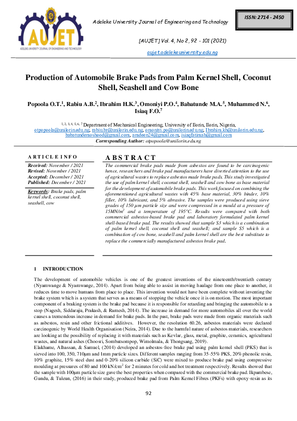 (PDF) Production of Automobile Brake Pads from Palm Kernel Shell ...