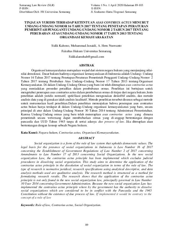 (PDF) Tinjauan Yuridis Terhadap Ketentuan Asas Contrius Actus Menurut Undang-Undang Nomor 16 ...