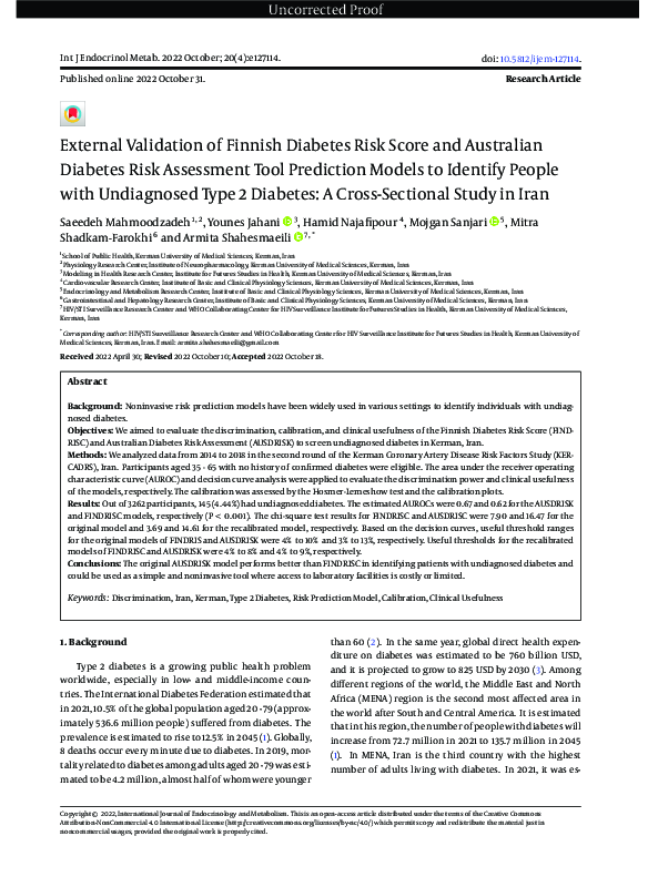 (PDF) External Validation of Finnish Diabetes Risk Score and Australian ...