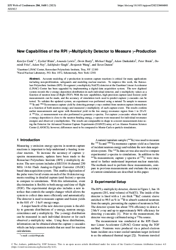 (PDF) New Capabilities of the RPI γ-Multiplicity Detector to Measure γ ...