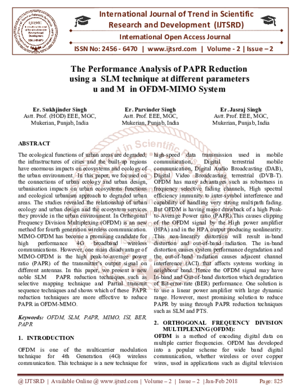 Pdf The Performance Analysis Of Papr Reduction Using A Slm Technique At Different Parameters U