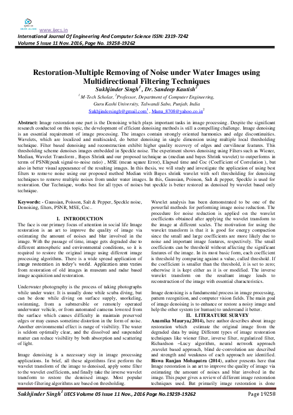 (PDF) Restoration-Multiple Removing of Noise under Water Images using Multidirectional Filtering ...