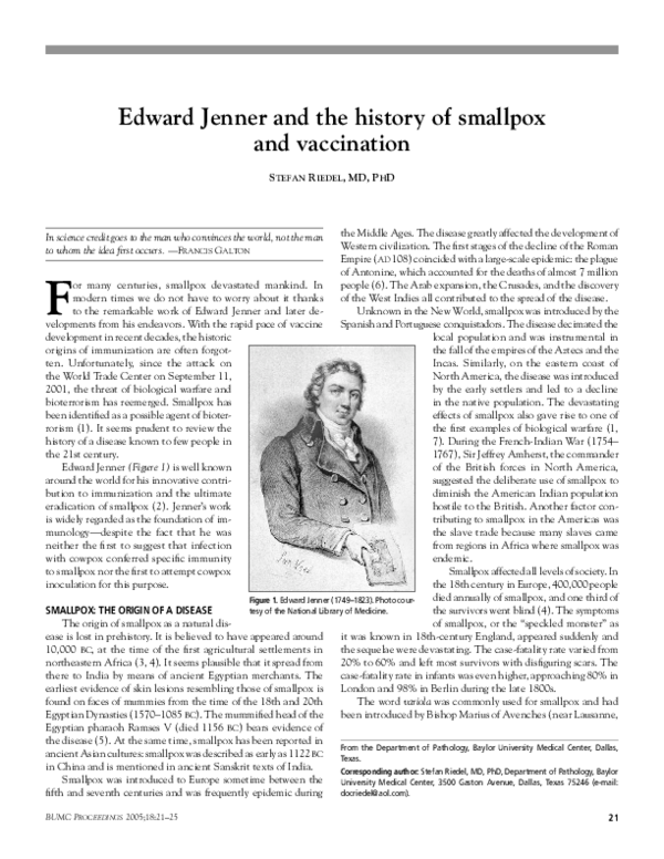 (PDF) Edward Jenner and the History of Smallpox and Vaccination