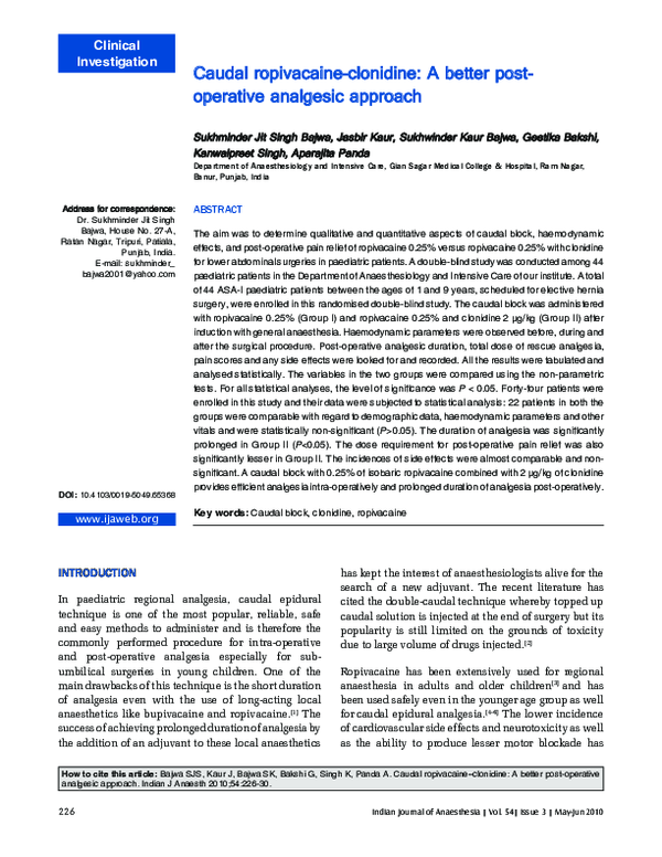 (PDF) Caudal ropivacaine-clonidine: A better post-operative analgesic ...