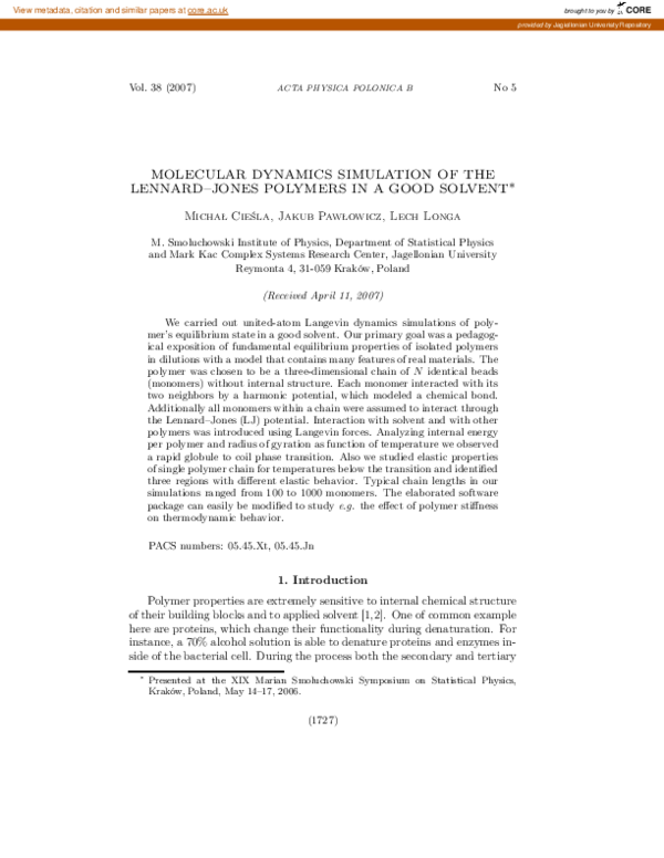 Pdf Molecular Dynamics Simulation Of The Lennard Jones Polymers In A Good Solvent
