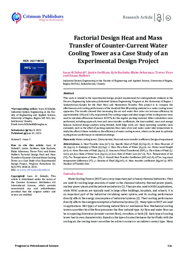 (PDF) Factorial Design Heat and Mass Transfer of Counter-Current Water Cooling Tower as a Case ...