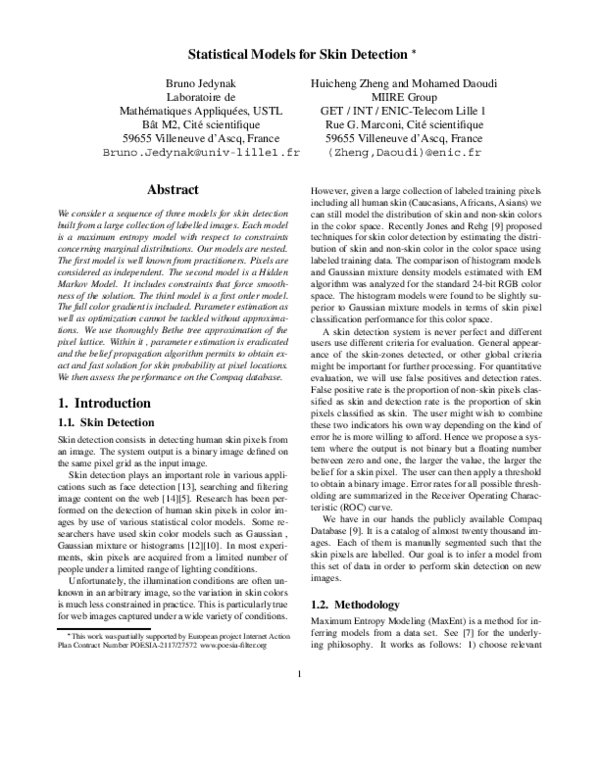 Pdf Statistical Models For Skin Detection