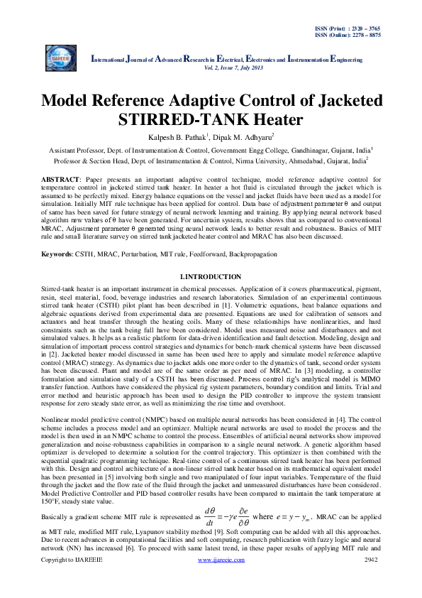 (PDF) Adaptive Control for Jacketed Stirred-Tank Heaters