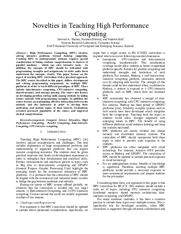 Pdf Novelties In Teaching High Performance Computing