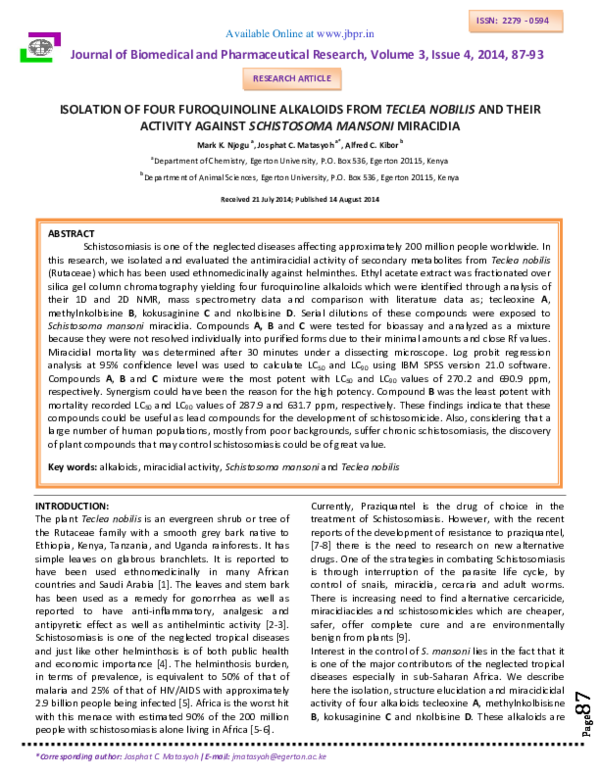 (PDF) Isolation of four furoquinoline alkaloids from Teclea nobilis and ...