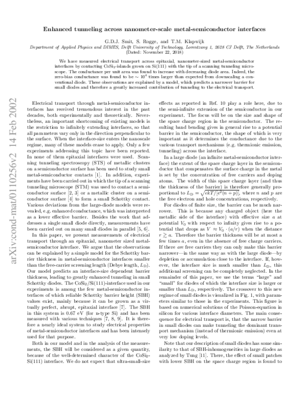 (PDF) Enhanced tunneling across nanometer-scale metal–semiconductor interfaces