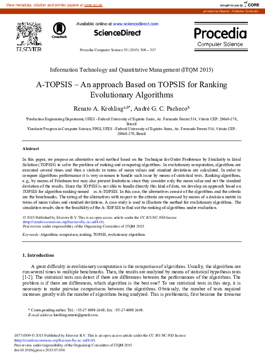 (PDF) A-TOPSIS – An Approach Based on TOPSIS for Ranking Evolutionary Algorithms