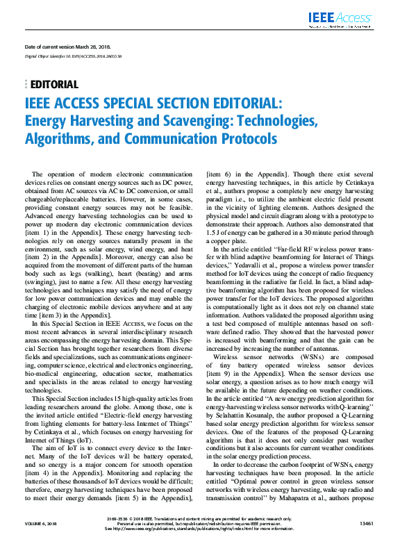 (PDF) IEEE ACCESS Special Section Editorial: Energy Harvesting and ...