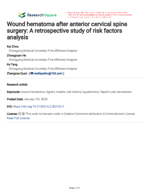 (PDF) Wound hematoma after anterior cervical spine surgery: A ...