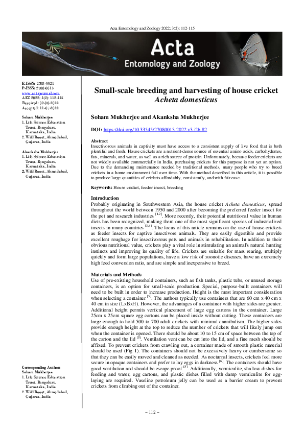 (PDF) Small-scale breeding and harvesting of house cricket Acheta ...