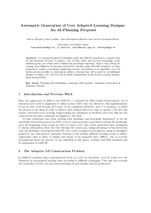 (PDF) Automatic Generation of User Adapted Learning Designs: An AI-Planning Proposal | Luis ...