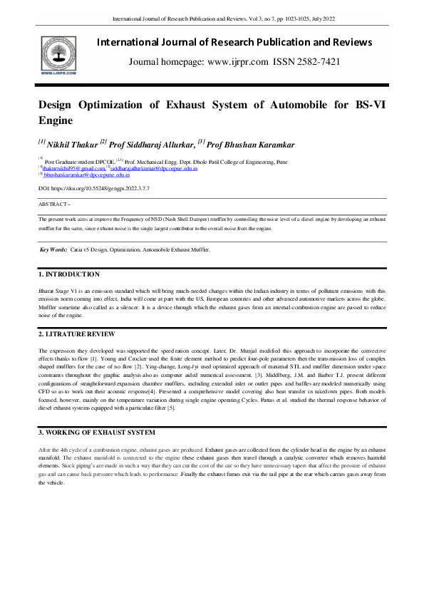 (PDF) Design Optimization of Exhaust System of Automobile for BS-VI Engine