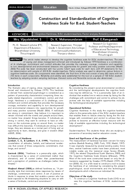 (PDF) Construction and Standardization of Cognitive Hardiness Scale for ...