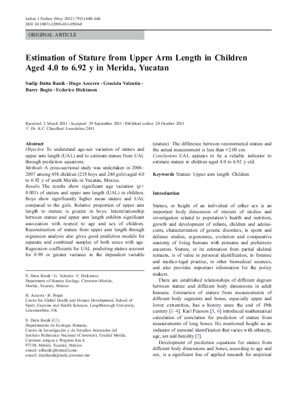 (PDF) Estimation of Stature from Upper Arm Length in Children Aged 4.0 ...