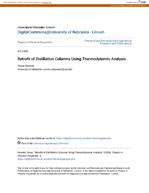(PDF) Retrofit of Distillation Columns Using Thermodynamic Analysis