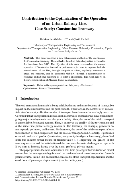 (PDF) Contribution to the Optimization of the Operation of an Urban ...