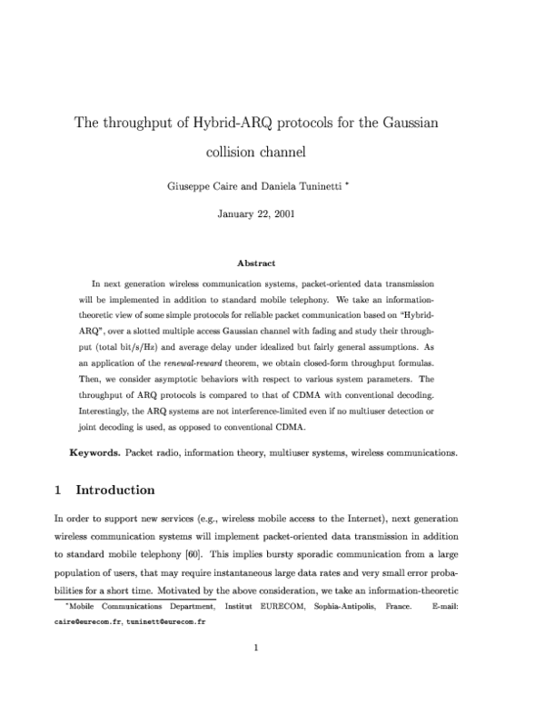(PDF) The throughput of hybrid-ARQ protocols for the Gaussian collision channel