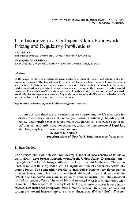 (PDF) Life Insurance in a Contingent Claim Framework: Pricing and ...